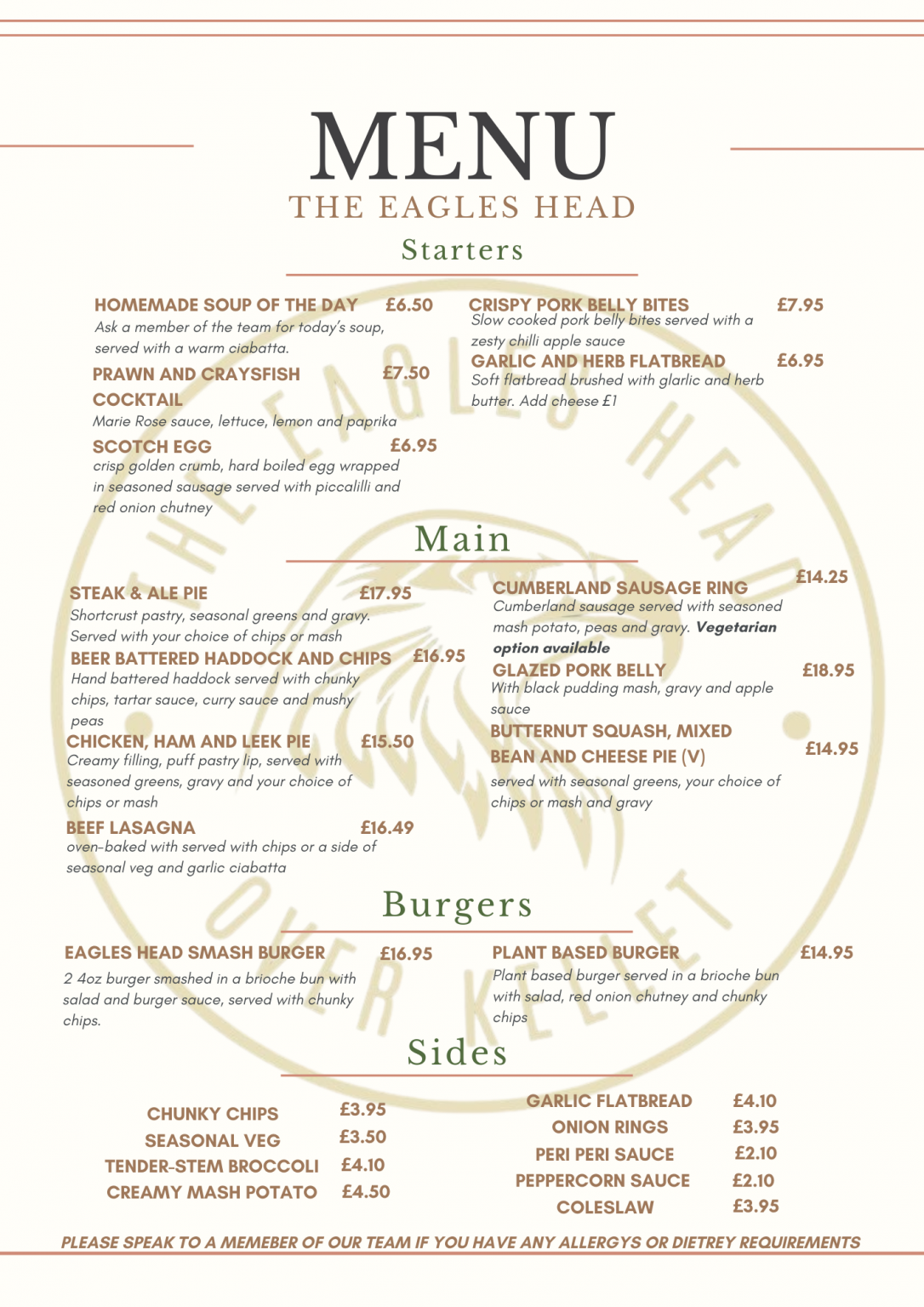 Menu – Eagles Head, Over Kellet