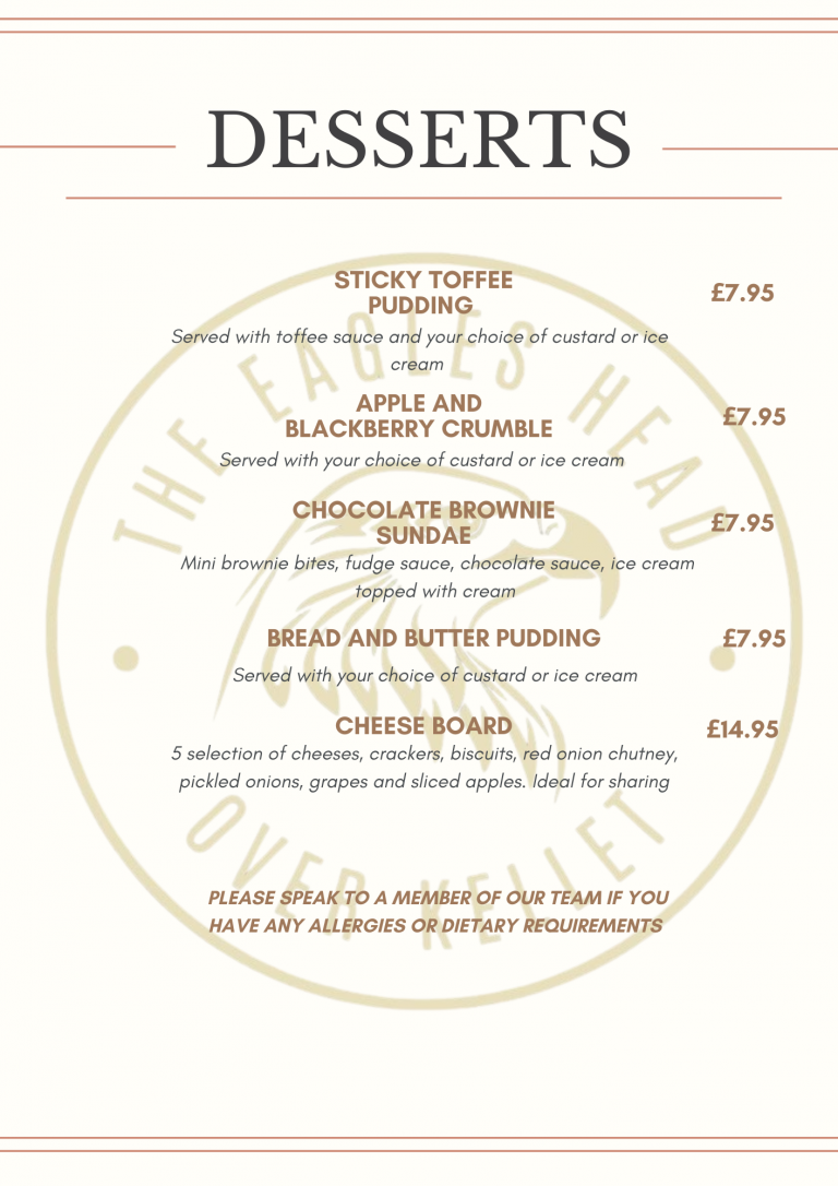 Menu – Eagles Head, Over Kellet